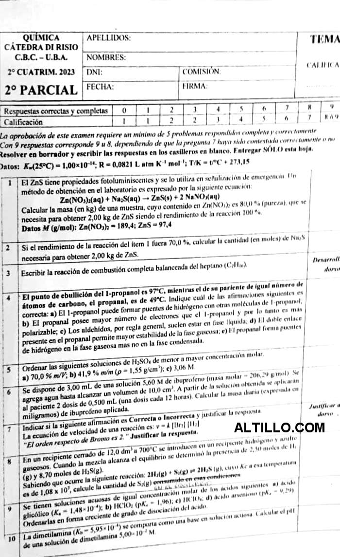 2º Parcial K | Química (Di Risio - 2023) | CBC | UBA